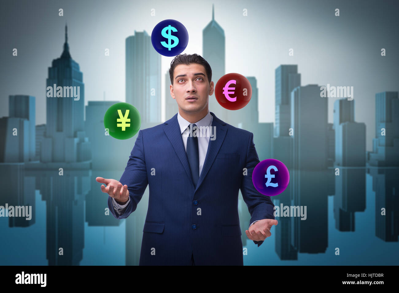 Businessman juggling between various currencies Stock Photo - Alamy