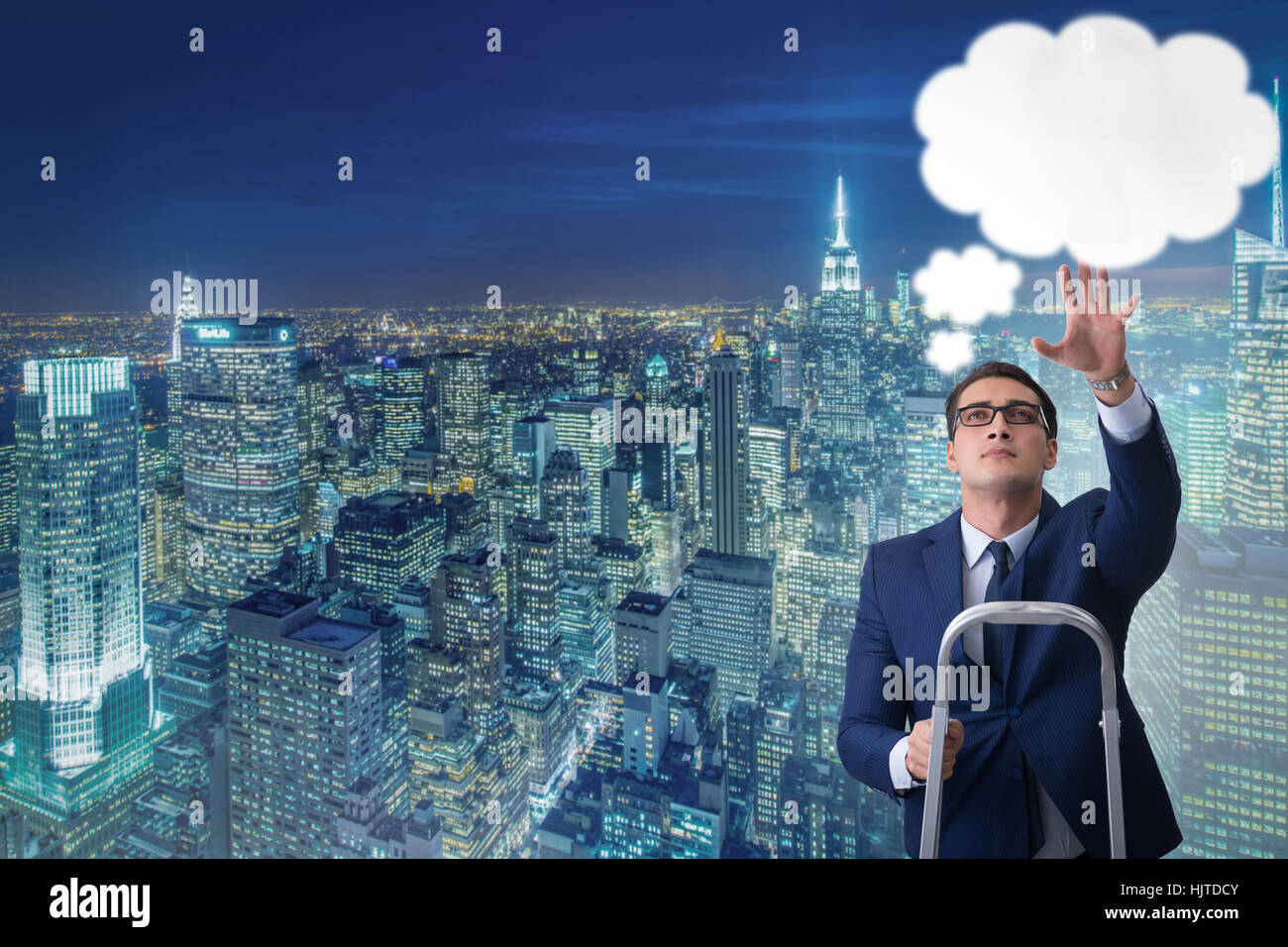 Businessman reaching out to callout message Stock Photo - Alamy