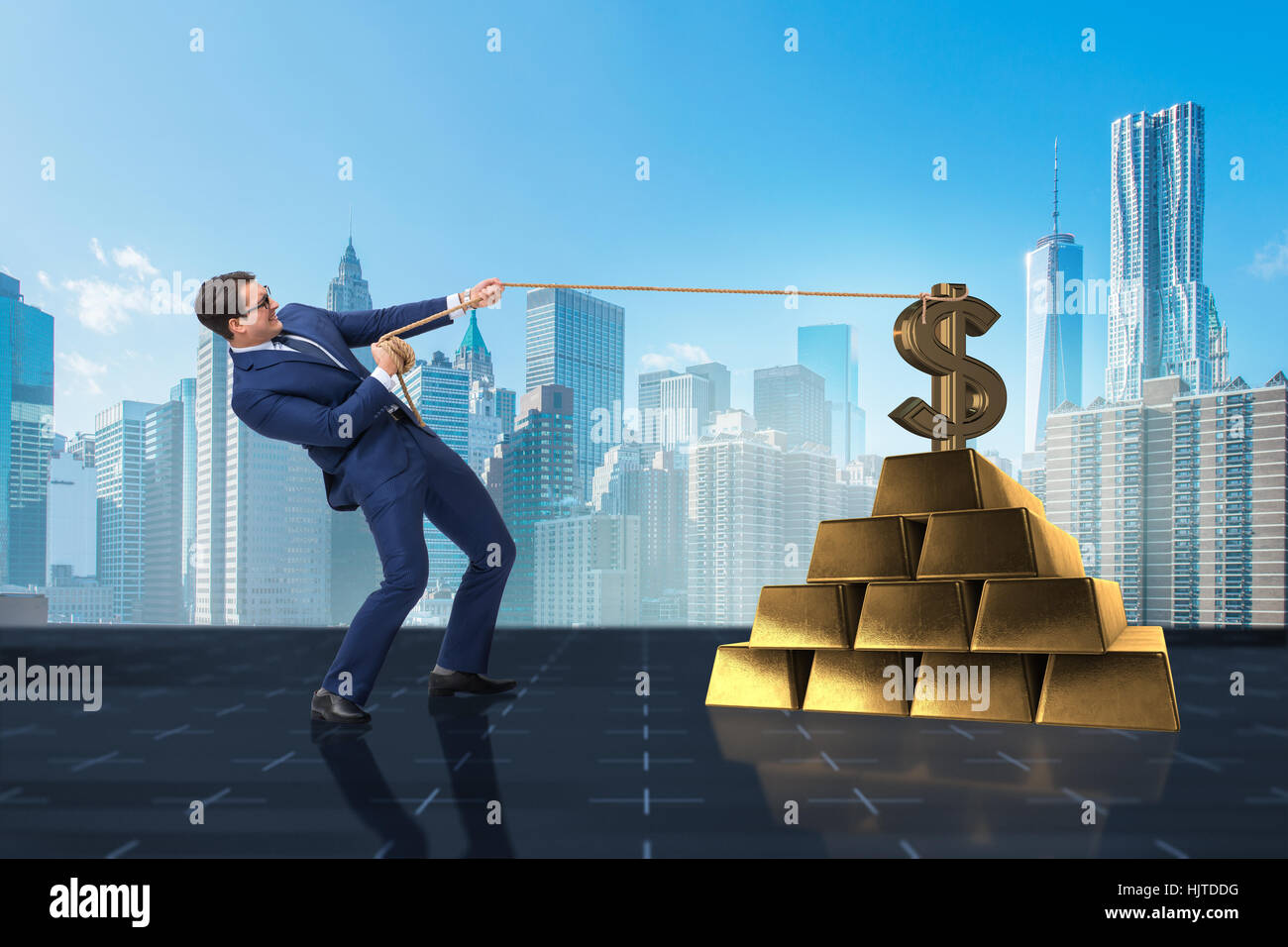 Businessman pulling dollar and gold bullions Stock Photo - Alamy