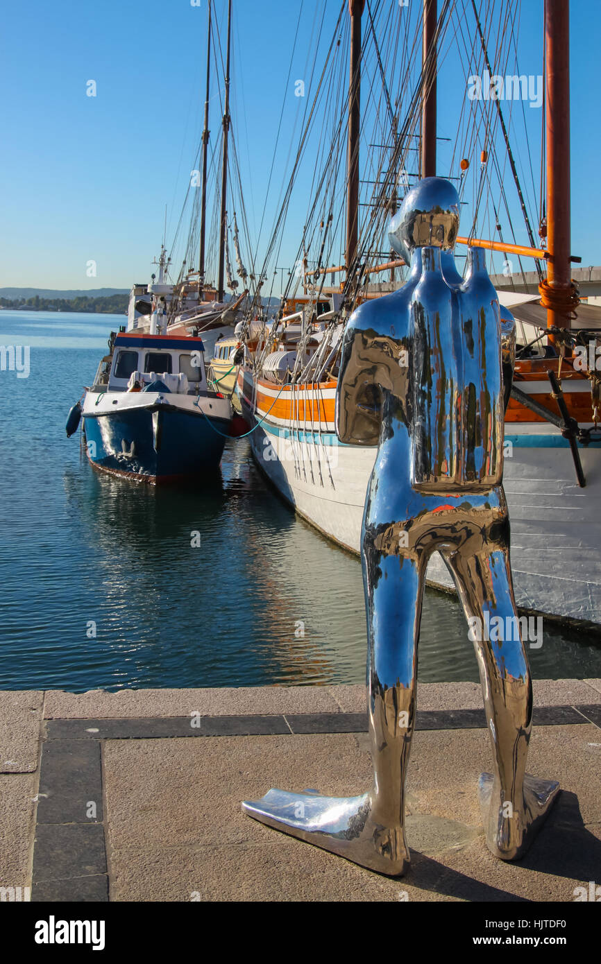 Oslo, Norway, October 5, 2016: Silver diver statue overlooking the ...