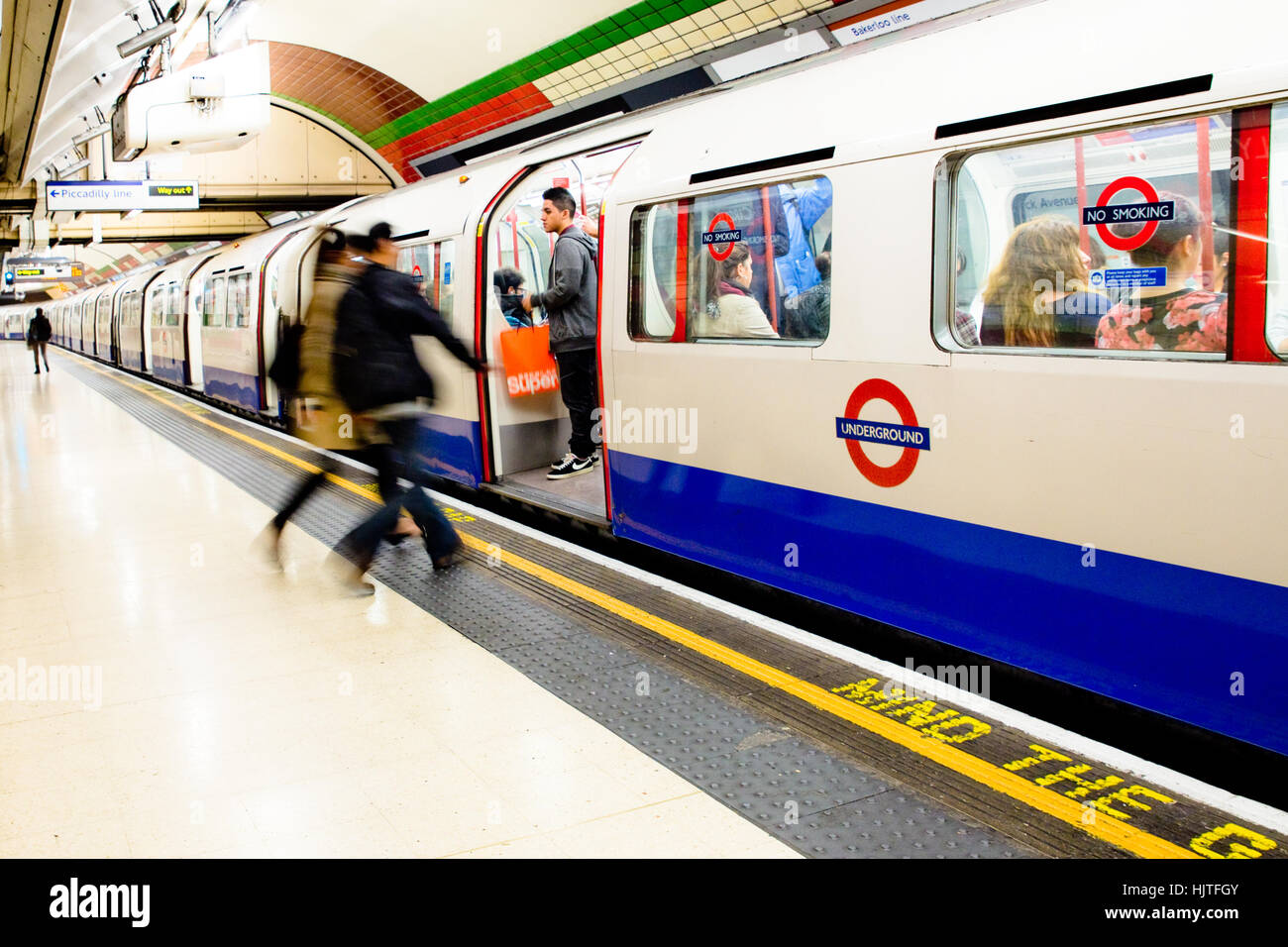 View of the London Underground subway Piccadilly Line with train at ...