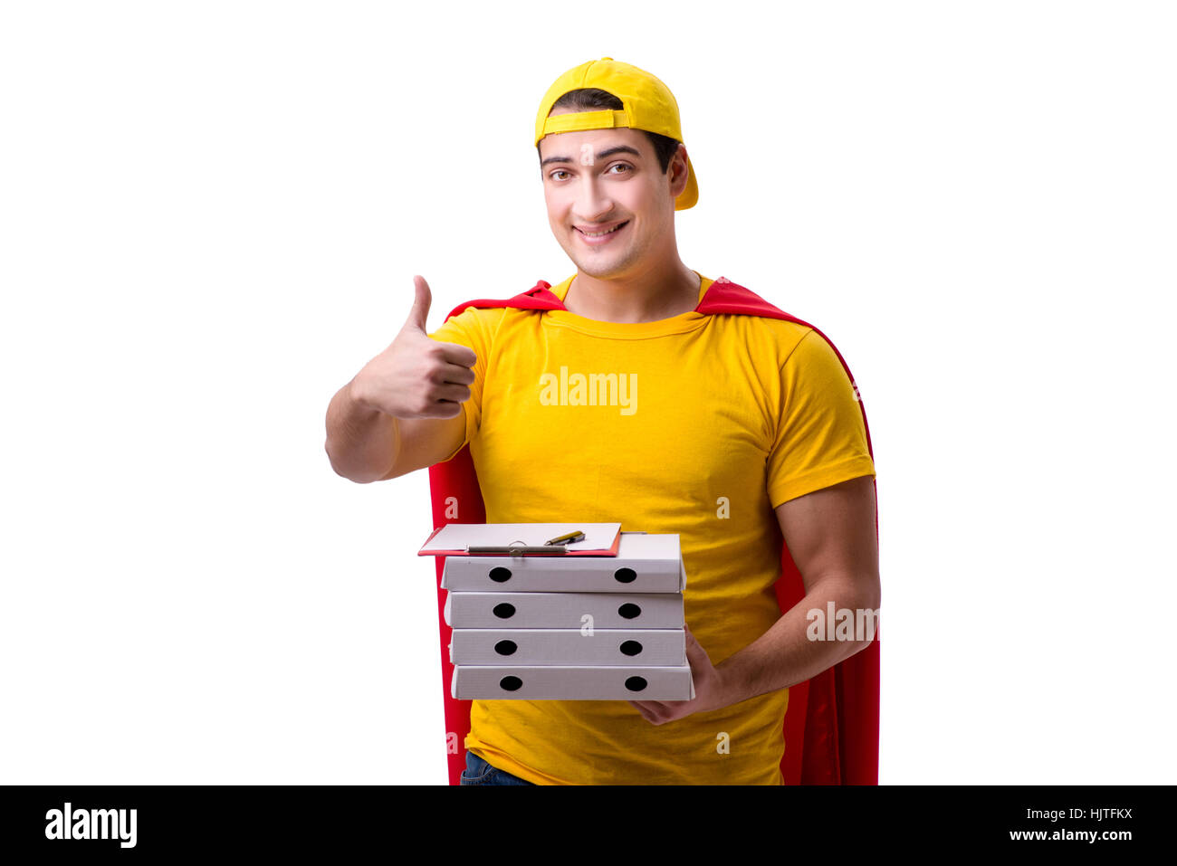 Super hero pizza delivery guy isolated on white Stock Photo - Alamy