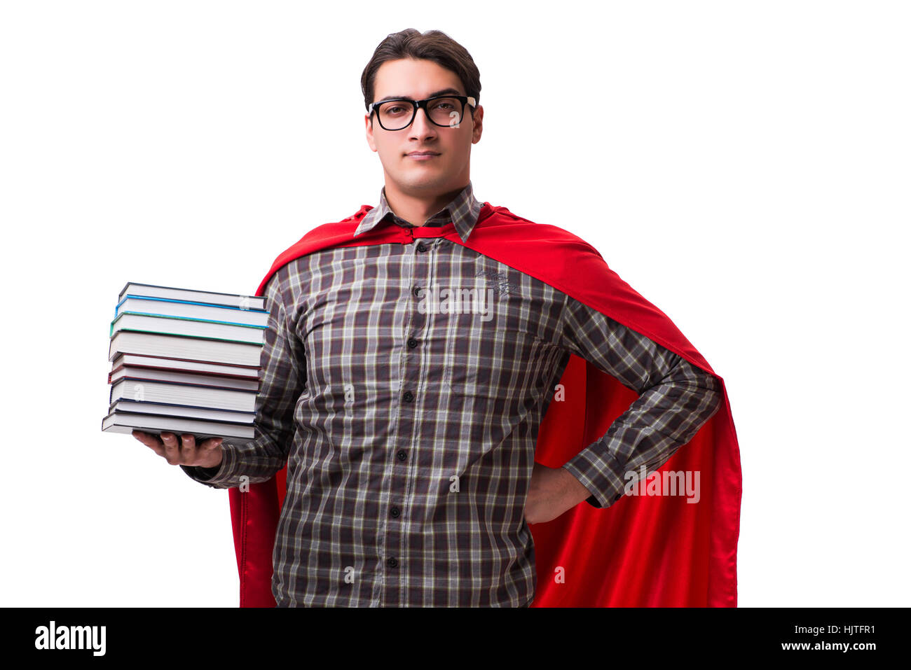 Super hero student with books isolated on white Stock Photo - Alamy