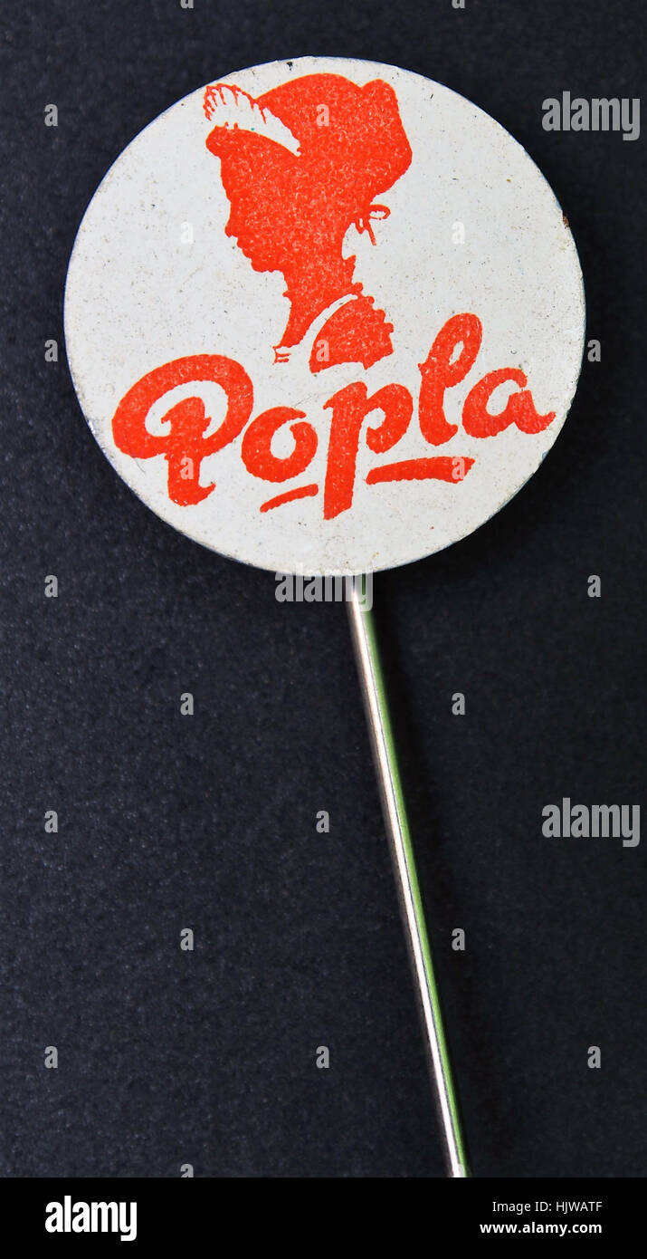 The orange Popla advertising pin is a promotional item from the Popla ...