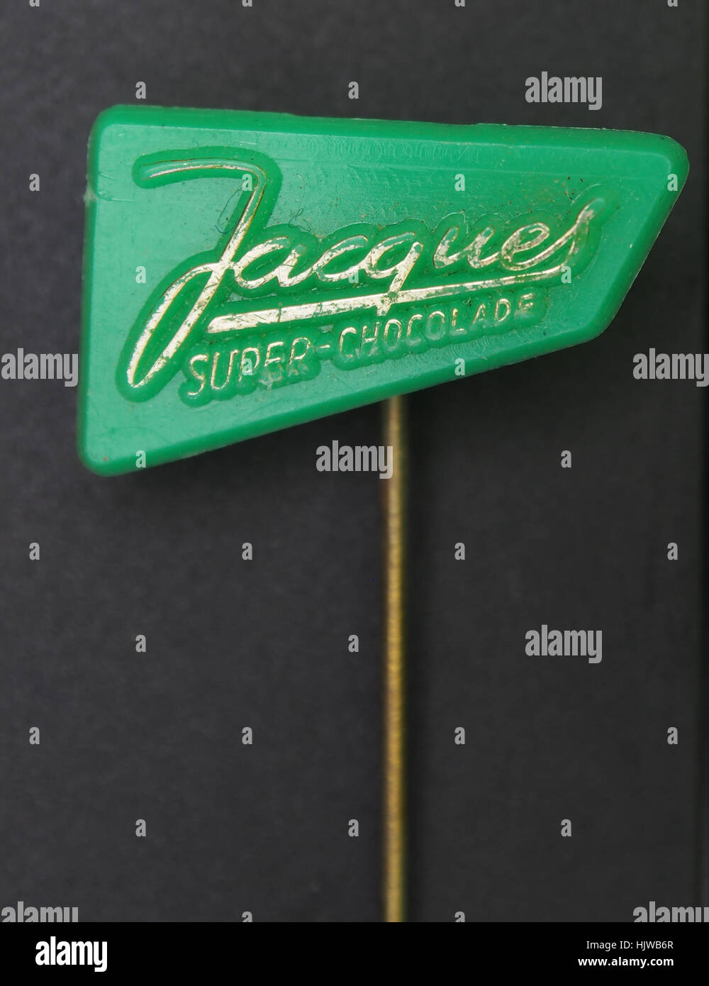 Vintage green Jacques Super-Chocolade advertising pin, promoting the ...
