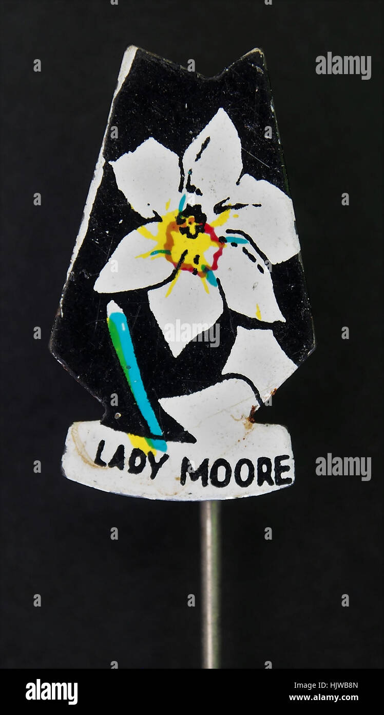 A vintage advertising pin featuring the name Lady Moore, possibly ...