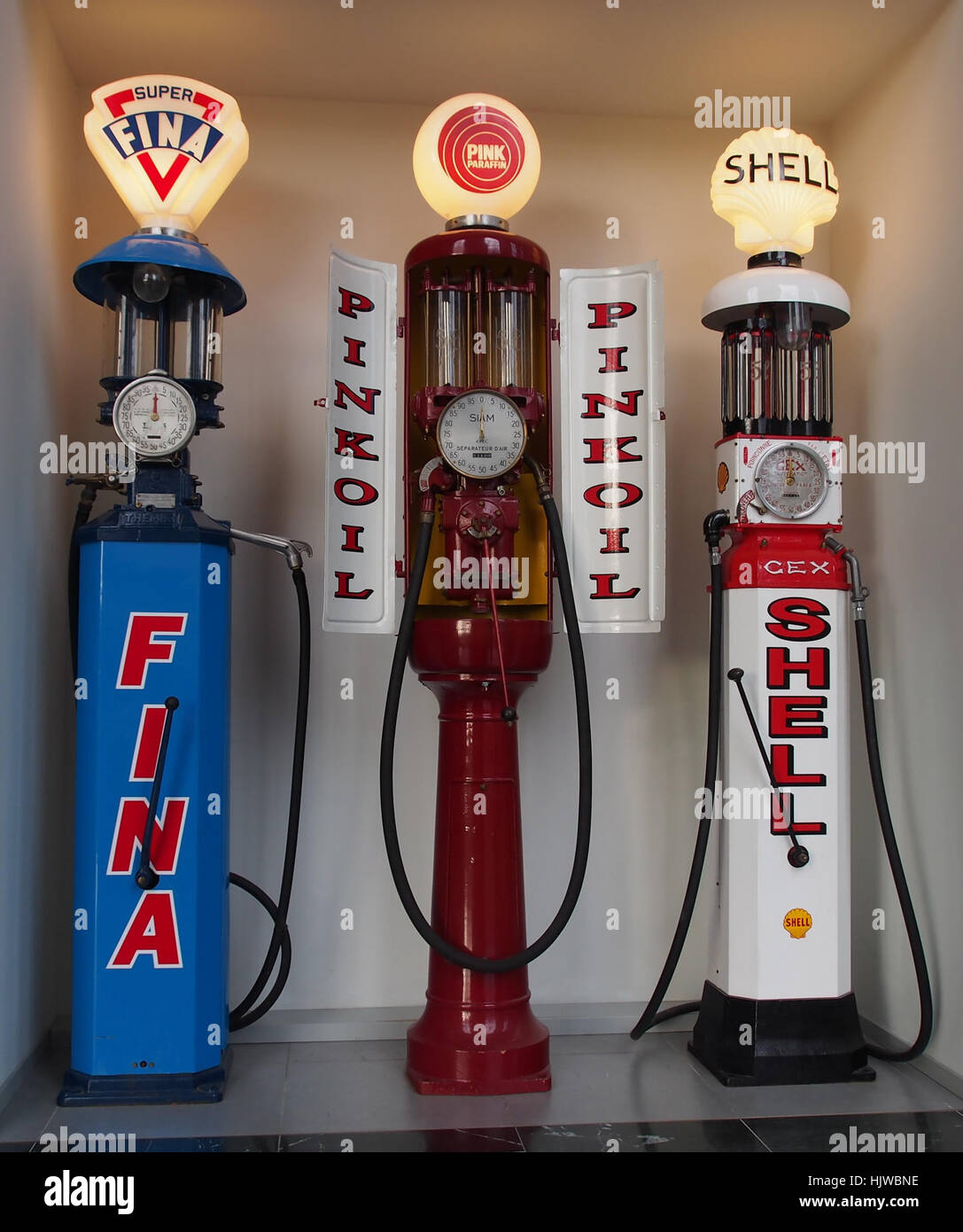 The Super Fina, PinkOil, and Shell vintage petrol pumps showcase the ...