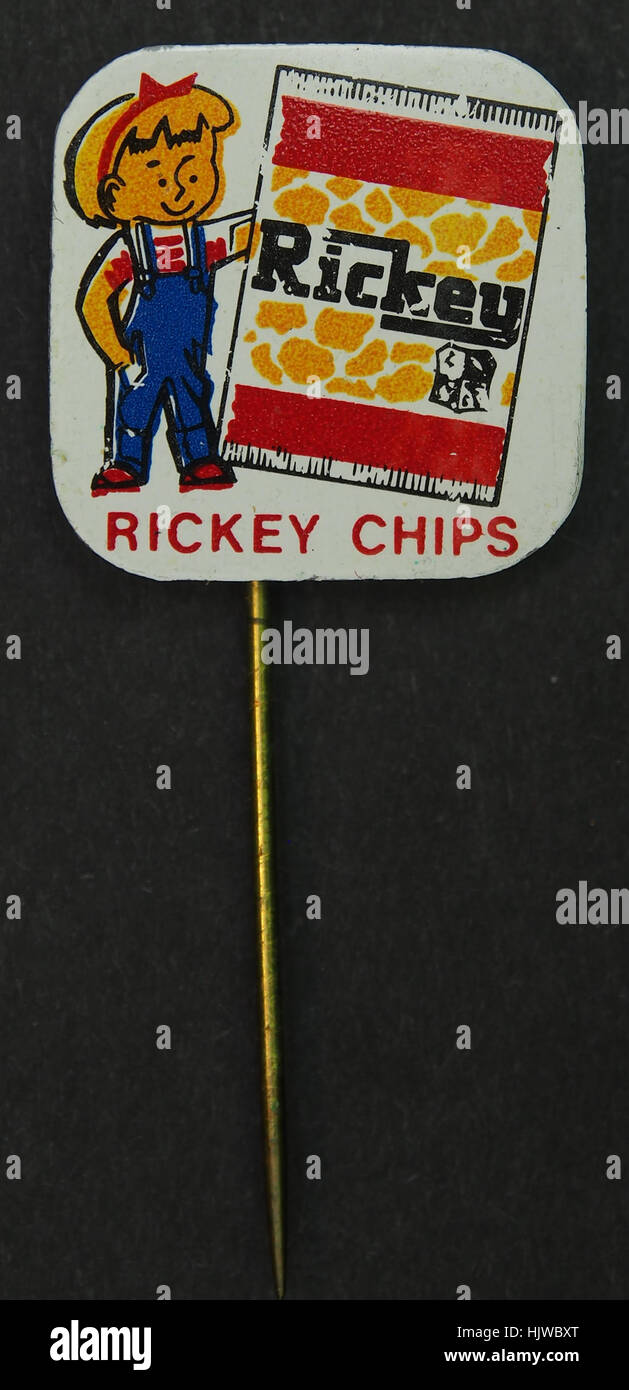 The Rickey Chips advertising pin was used to promote Rickey Chips, a ...