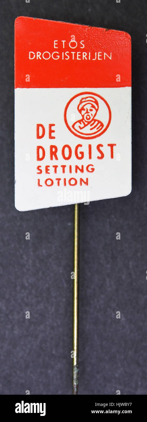 The ETOS drogisterijen Setting Lotion advertising pin represents a ...