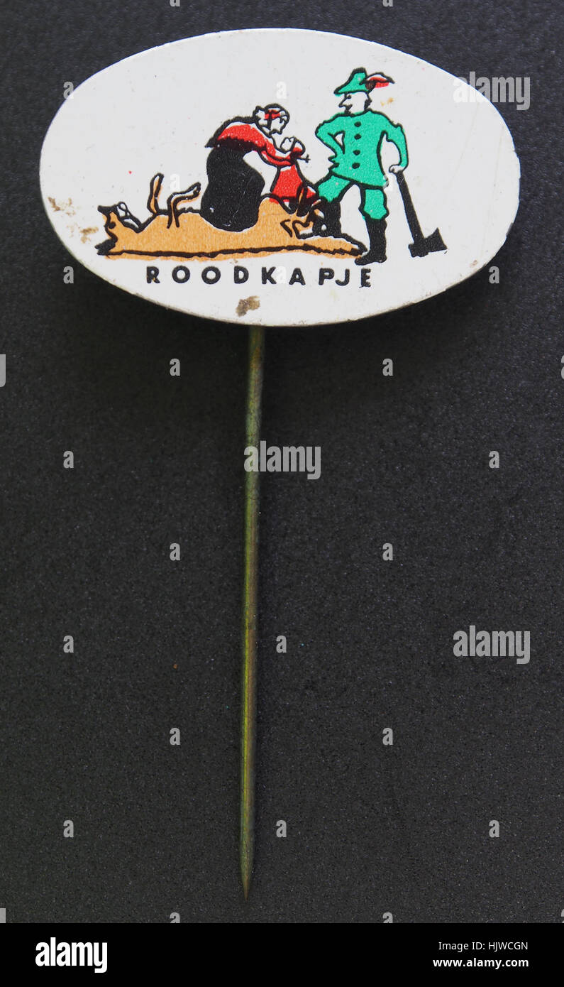 Advertising pin featuring 'Roodkapje' (Little Red Riding Hood), a Dutch ...