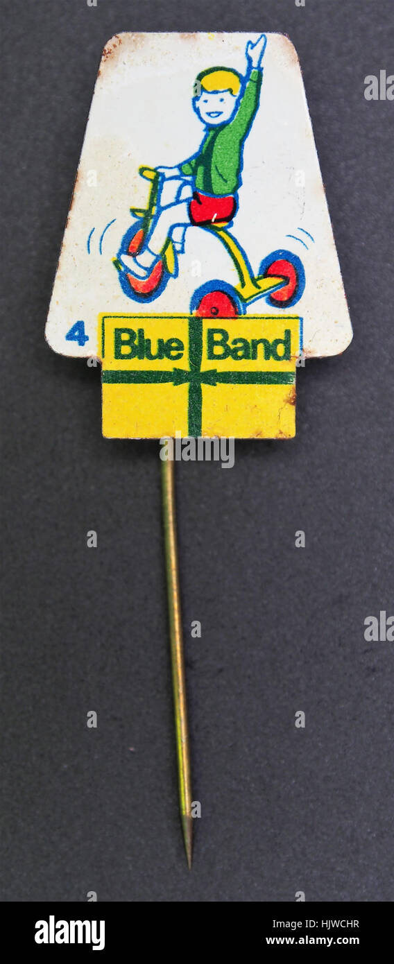 Blue Band advertising pin featuring a boy on a tricycle, promoting the ...