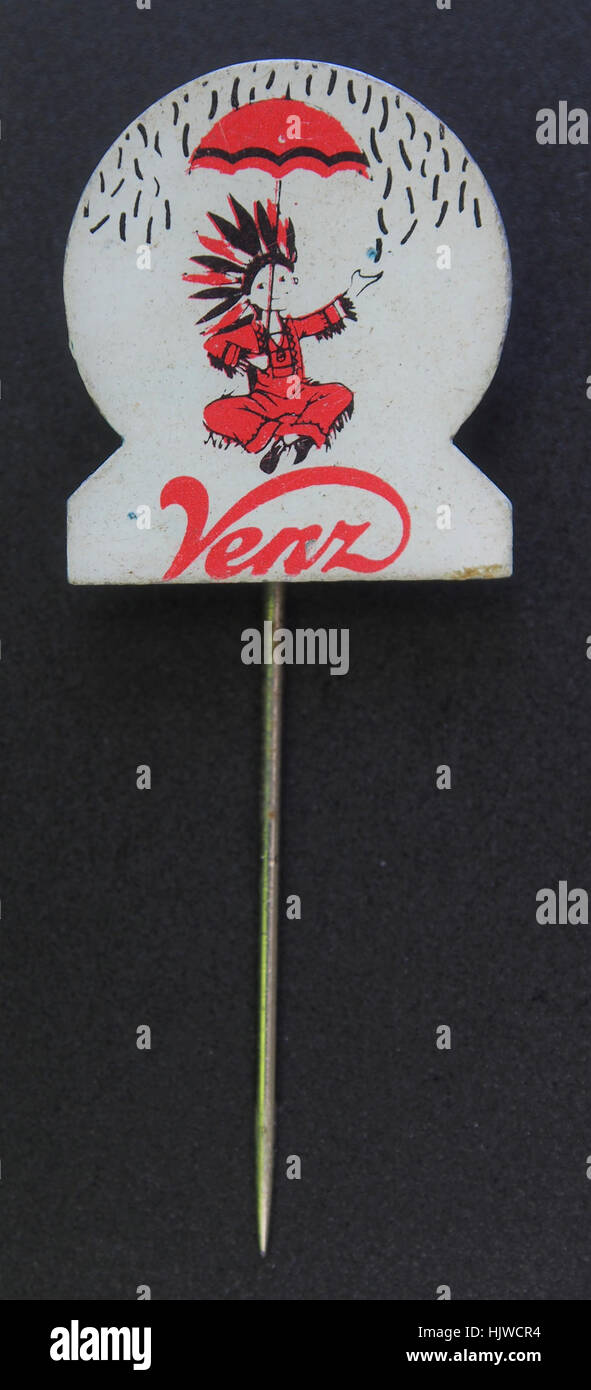 Venz advertising pin featuring an Indian figure, promoting the Dutch ...