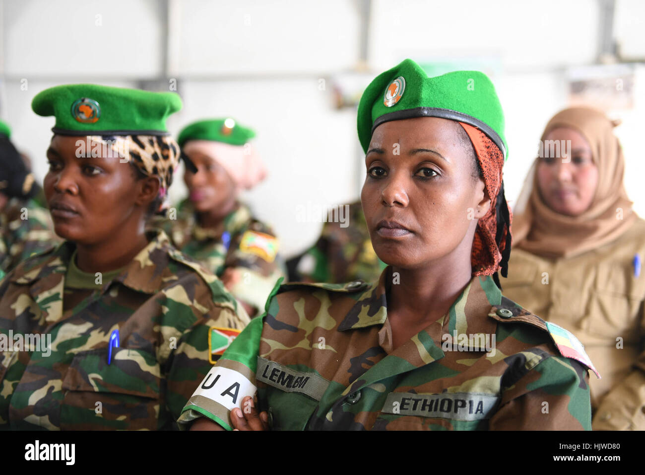 Female peacekeepers of AMISOM attend a conference in Mogadishu, Somalia ...