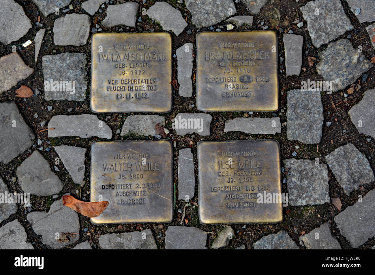 Stolperstein (stumbling stone) on the streets of Berlin. Names of ...