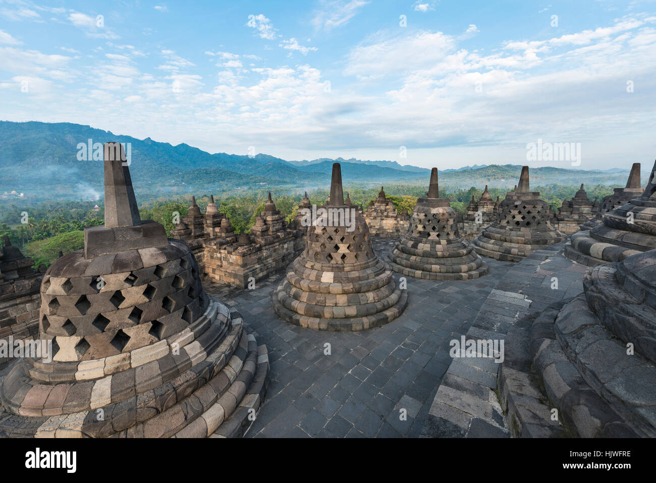 Borobudur Temple Complex, cloudy sky, stupas, Borobudur, Yogyakarta ...