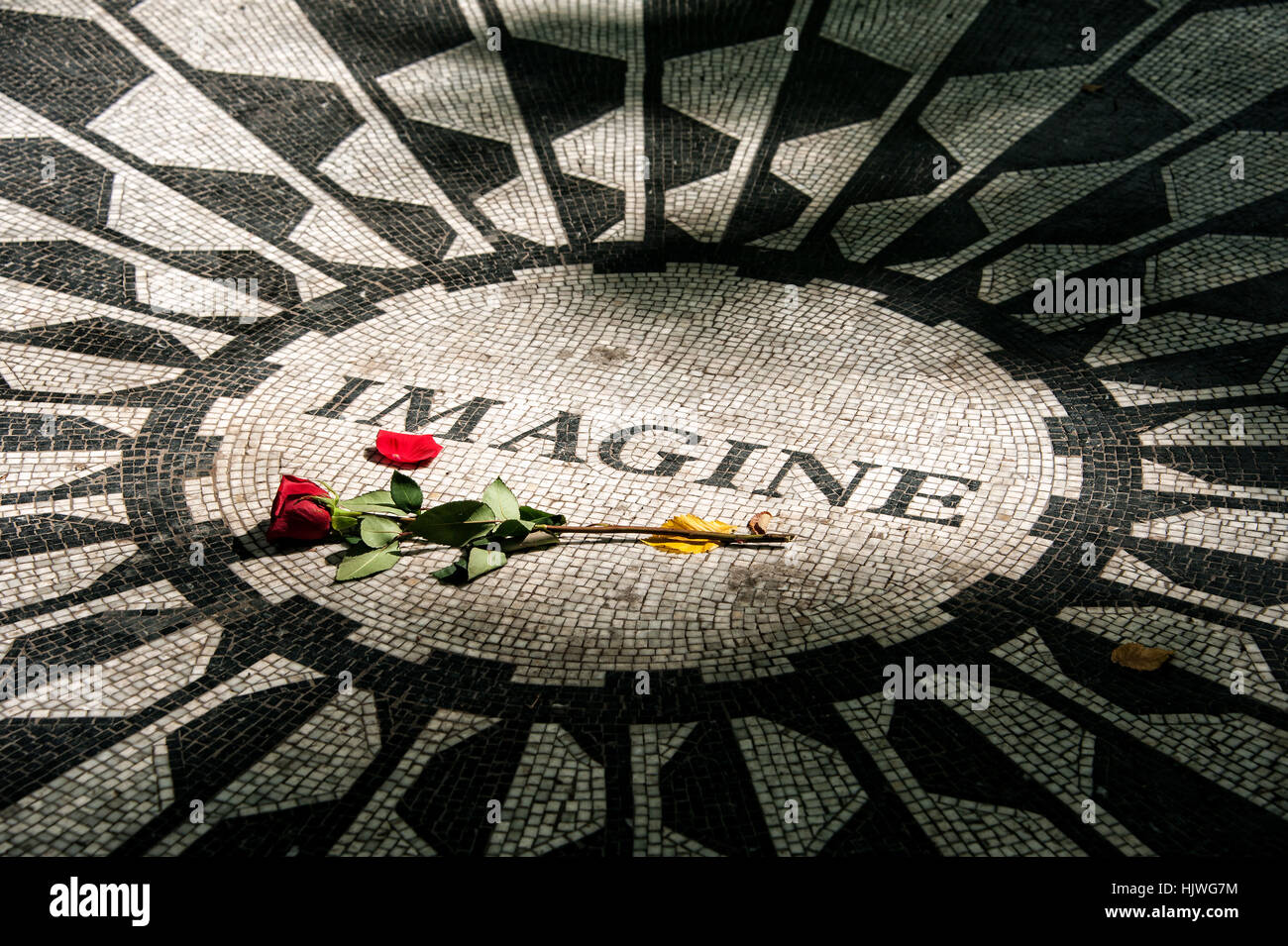 Strawberry Fields Memorial, Imagine mosaic with red rose in memory of ...