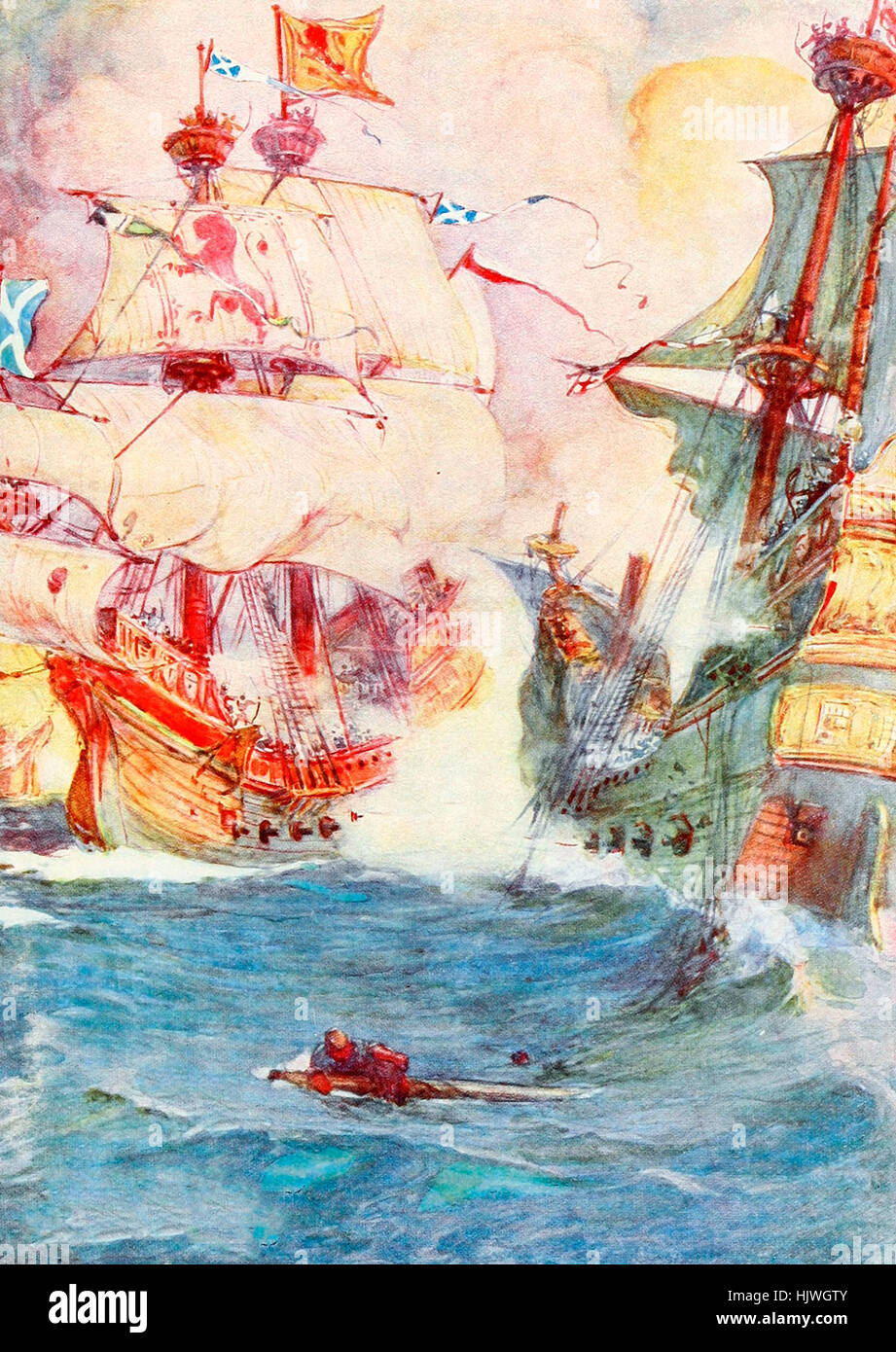 Sir Andrew with his two ships. he Yellow Carvel and The Flower, beat ...