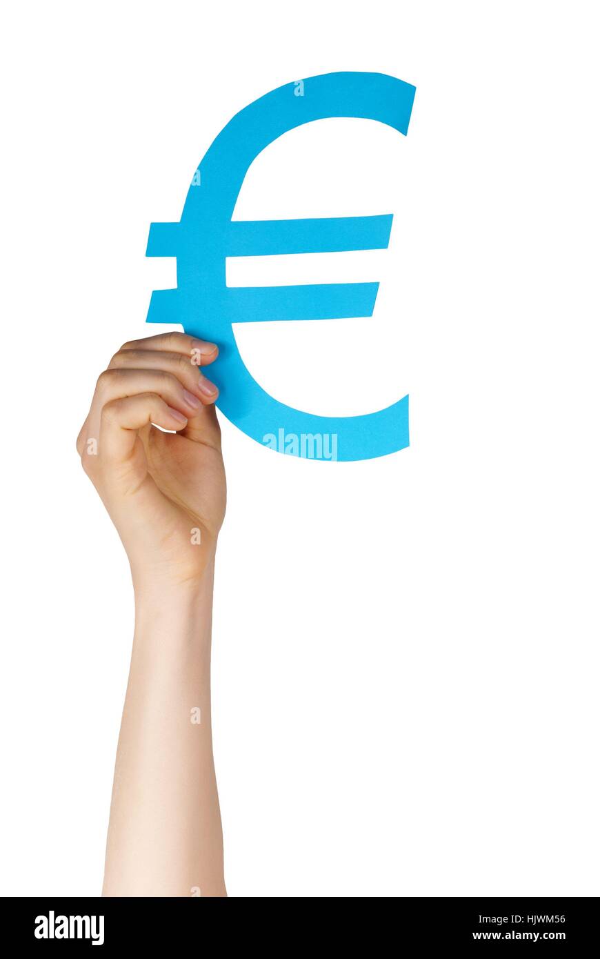 a hand holding up a blue euro sign, isolated Stock Photo - Alamy