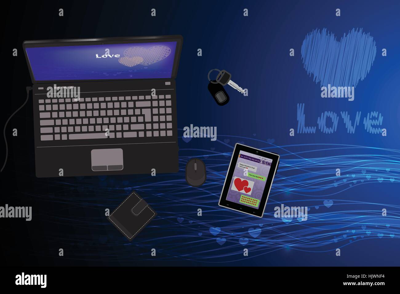laptop and smartphone. background blue. Valentine s Day. Glowing lines ...