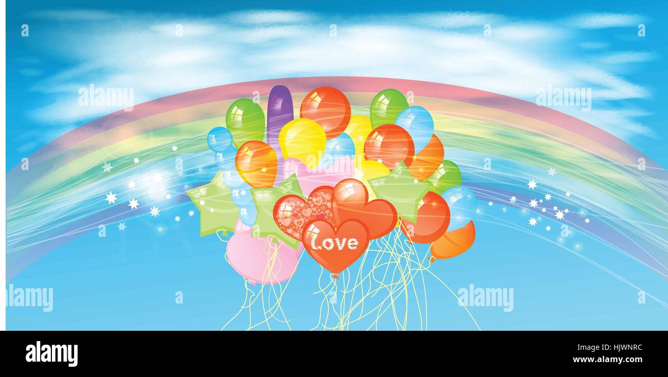 sky with clouds Rainbow and a lot of balloons Stock Vector Image & Art ...