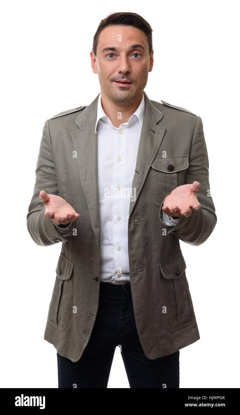 casual Businessman with arm out in a welcoming gesture isolated on ...