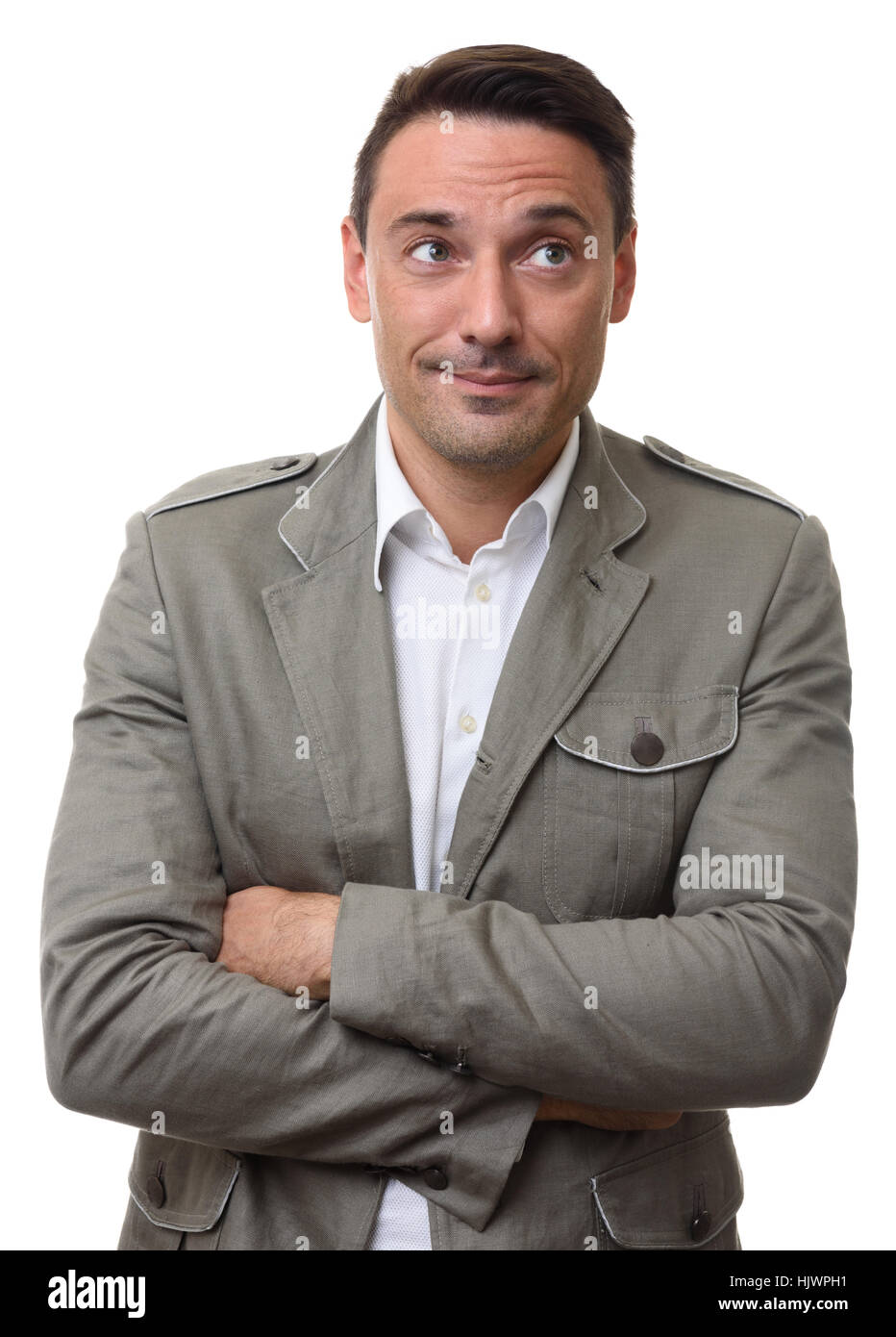 thinking man looking side isolated on white background Stock Photo - Alamy