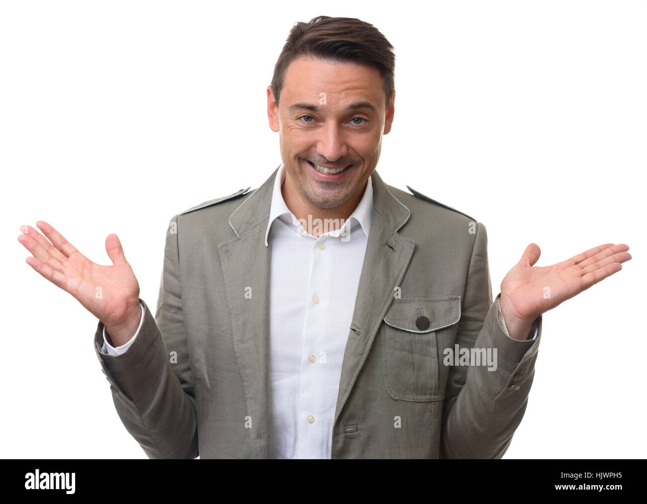 Friendly business man looking welcoming - isolated over white Stock ...