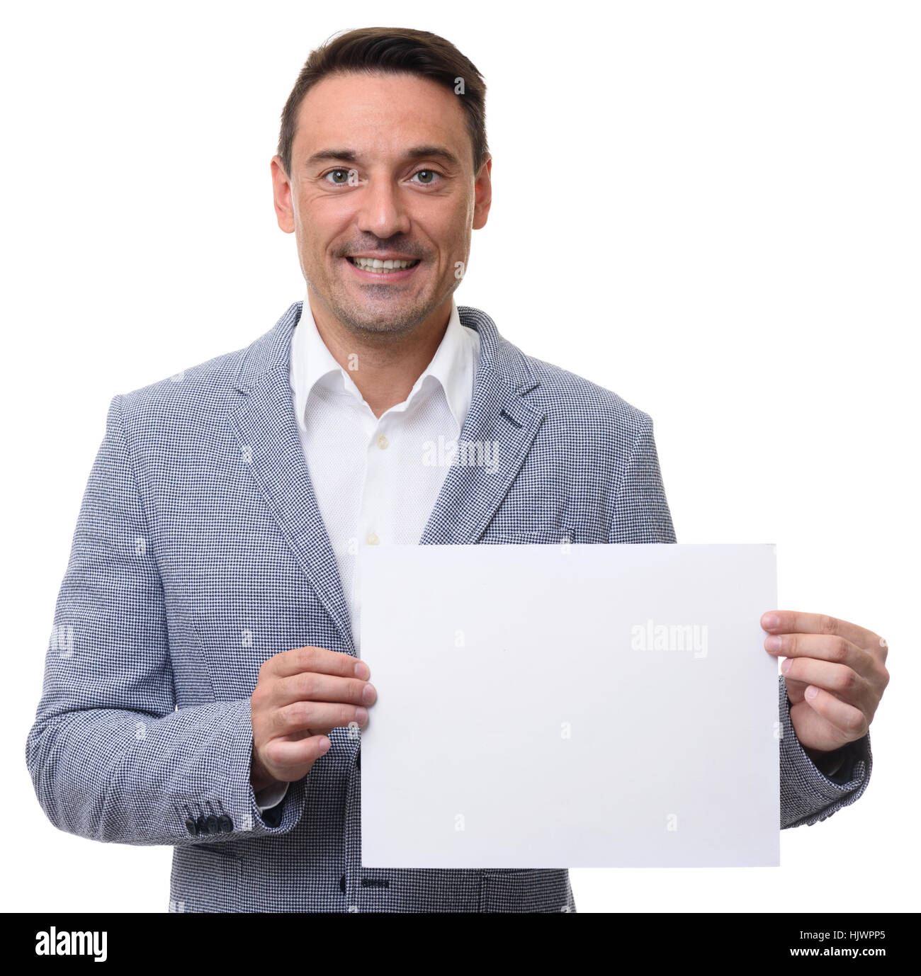 friendly handsome man presenting something on blank placard. isolated ...
