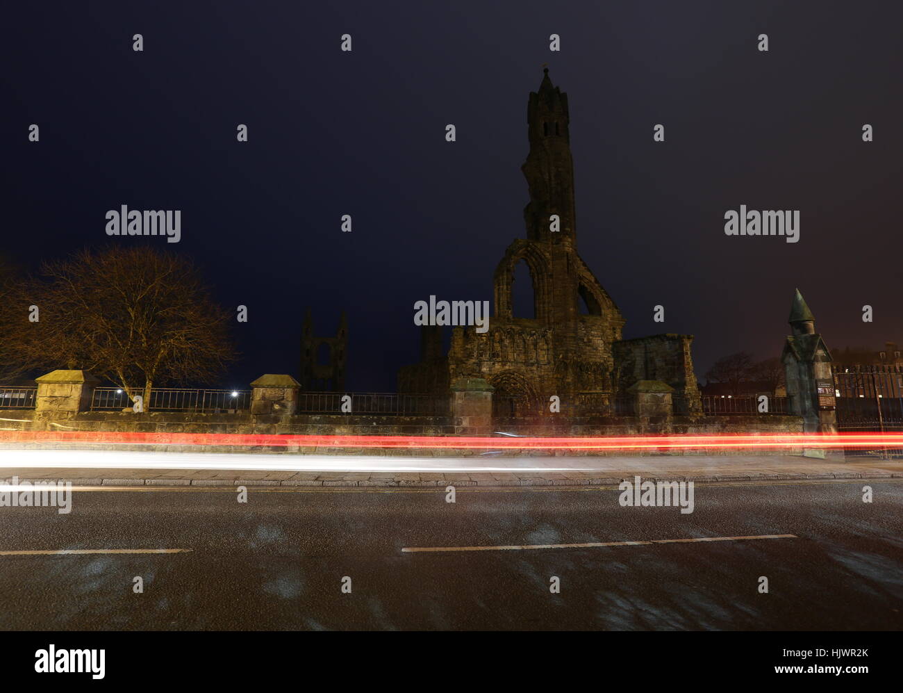 Light smears and cathedral ruins St Andrews Fife Scotland January 2017 ...