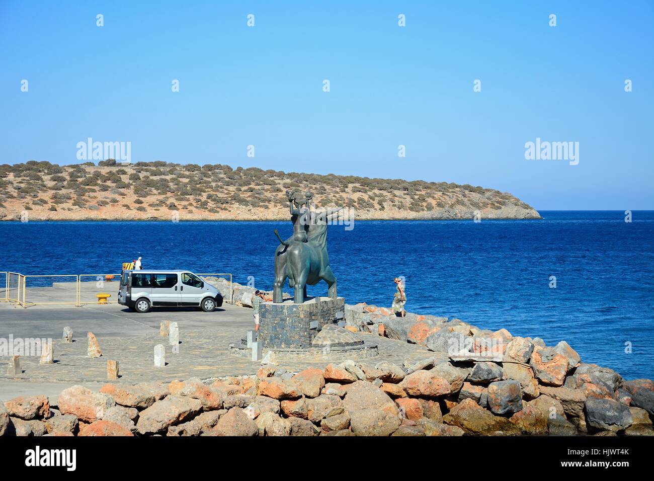 Statue of Europe sitting on a bull at the waters edge, Agios Nikolaos ...
