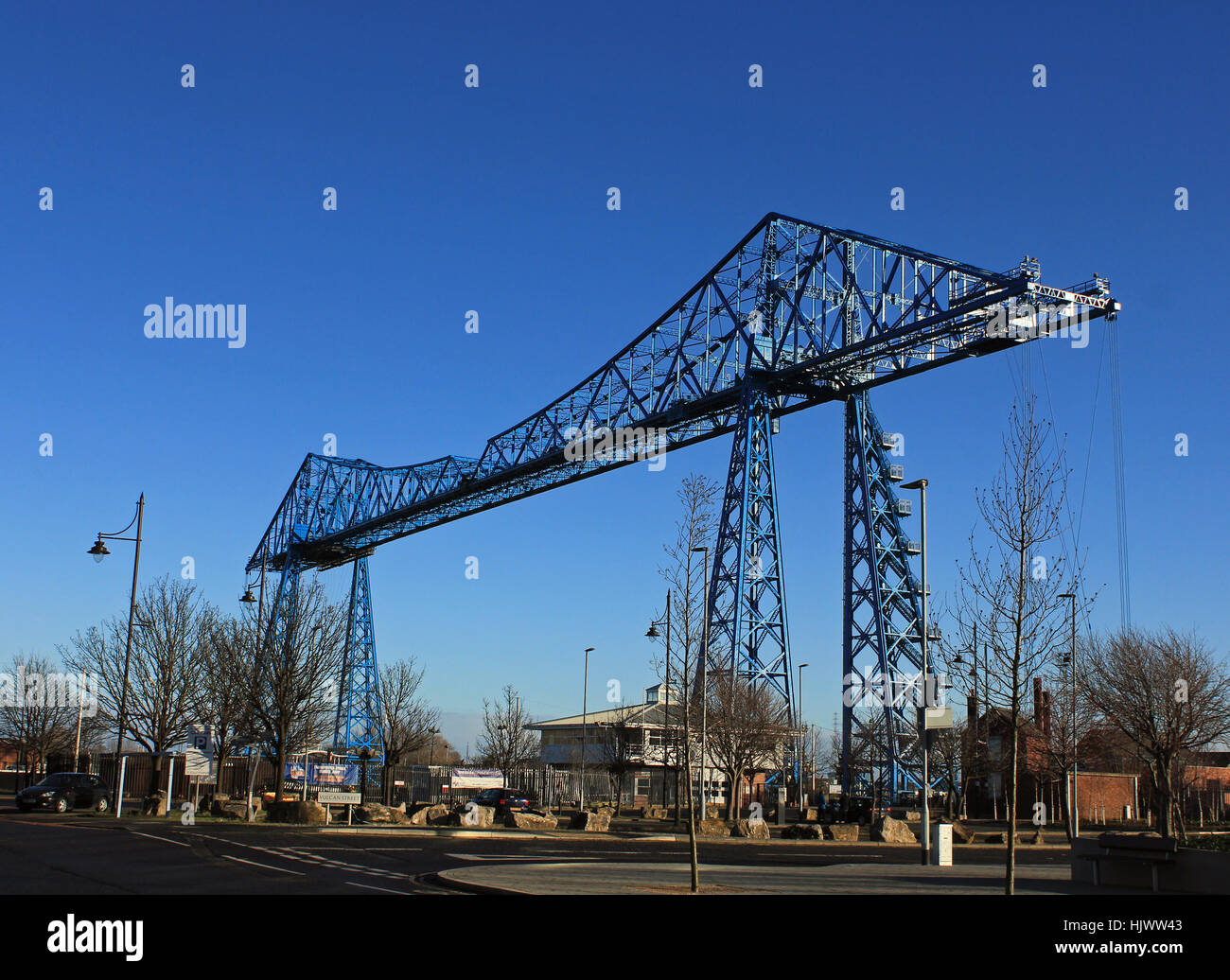 The big blue transporter bridge over the river Tees in Middlesbrough ...