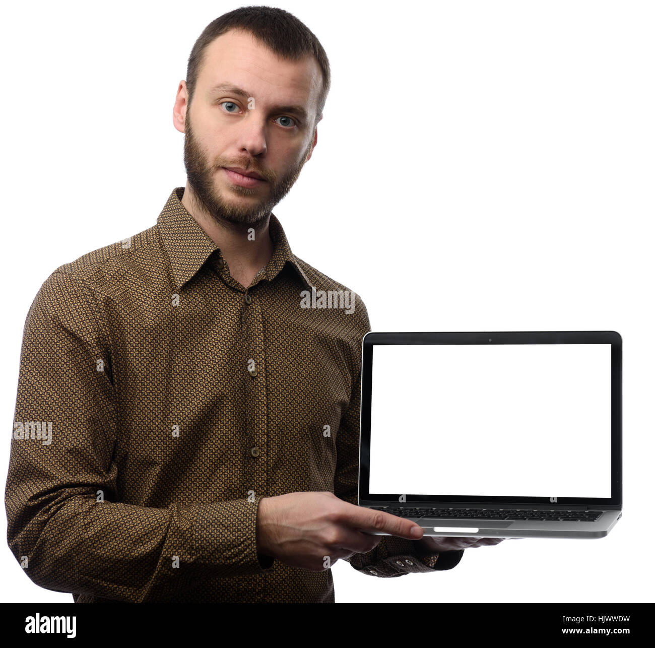 Portrait of smiling young man with laptop isolated over white ...