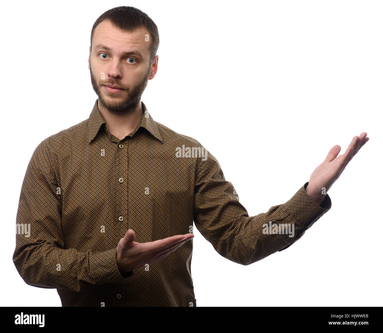 confident young man presenting and showing your text or product ...