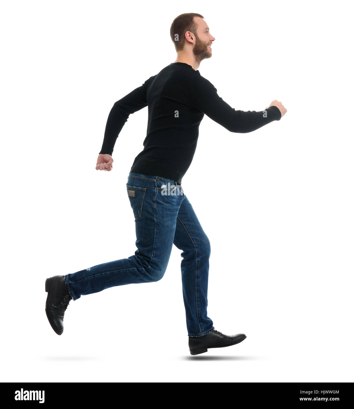 full length portrait of a smiling Bearded guy running. Isolated on ...