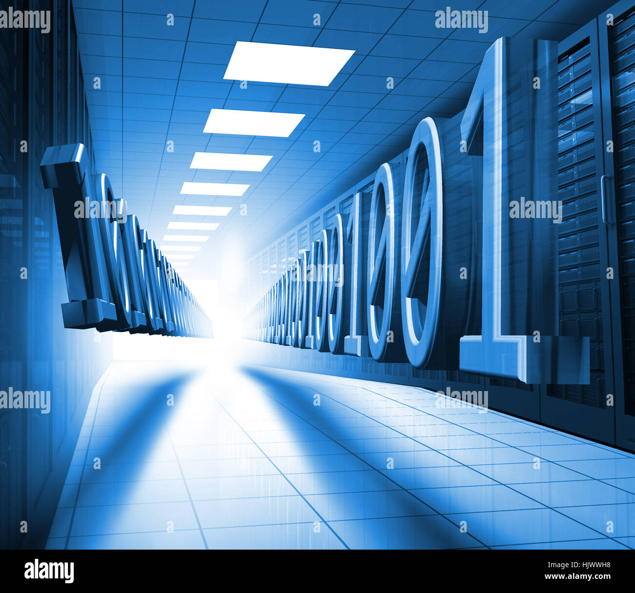 Blue binary code in data center hallway coloured blue Stock Photo - Alamy