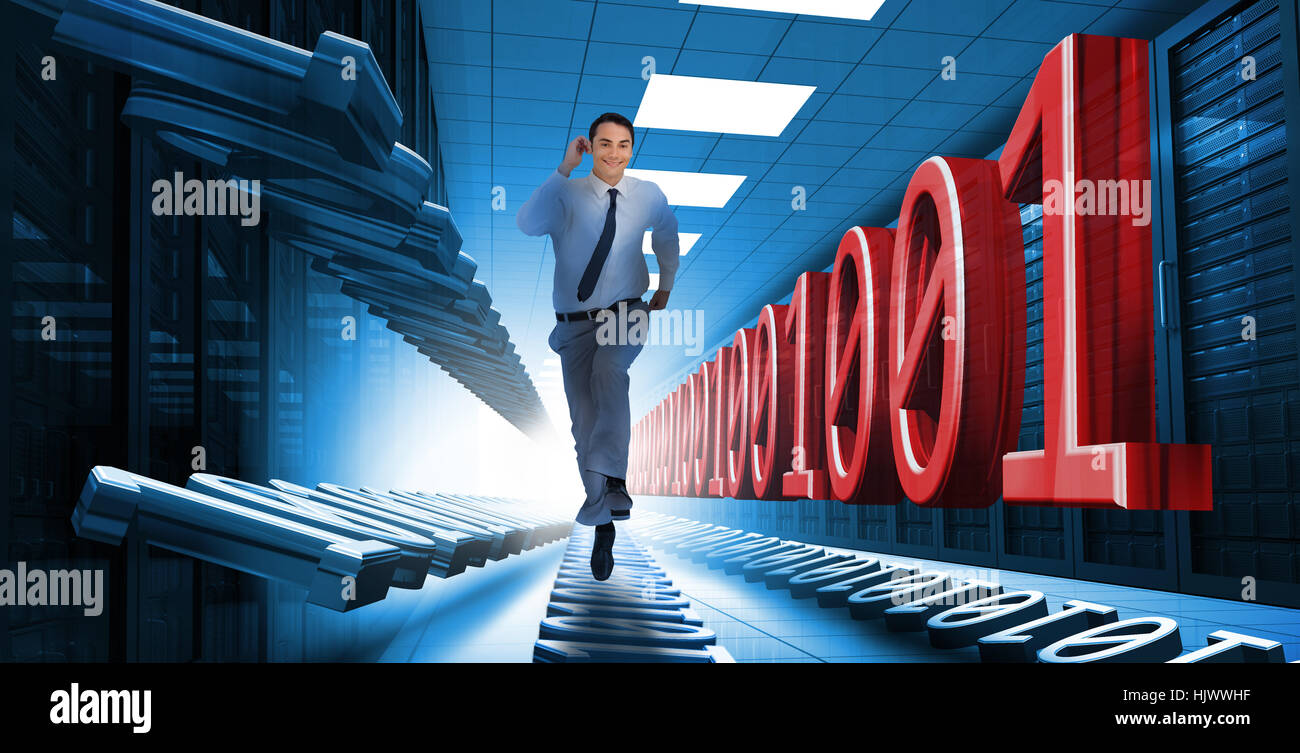 Businessman racing through data center with binary coding Stock Photo ...