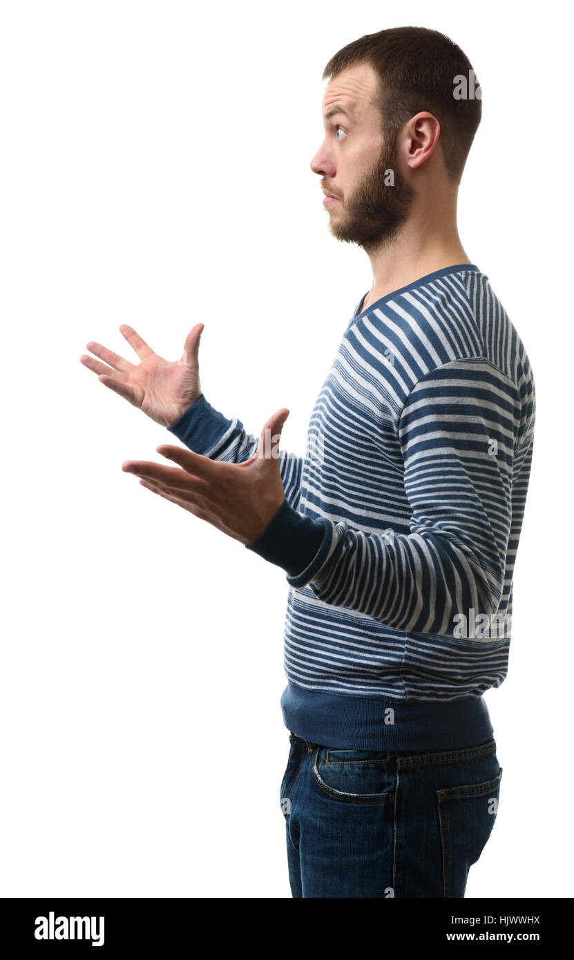 profile portrait of surprised bearded man. Isolated on white background ...