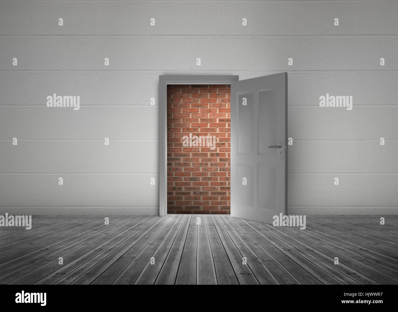 Door open to reveal red brick wall blocking the way in a dull grey room ...