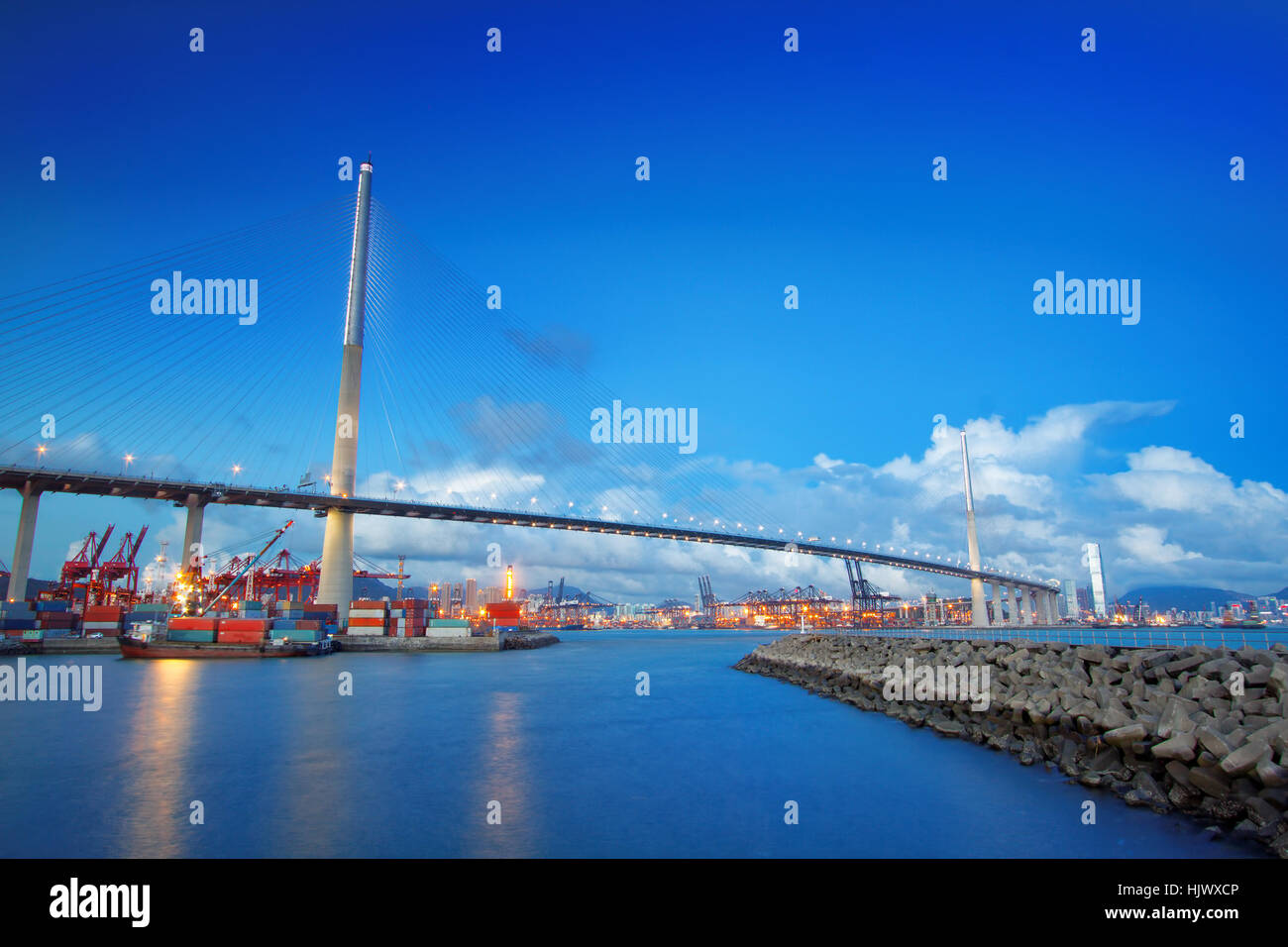 Port warehouse with containers and industrial cargoes , view under ...