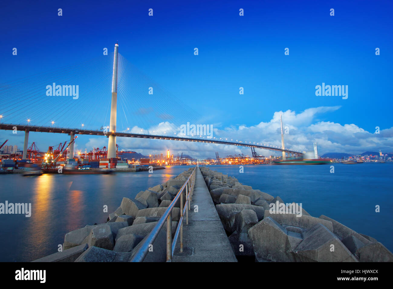 Port warehouse with containers and industrial cargoes , view under ...