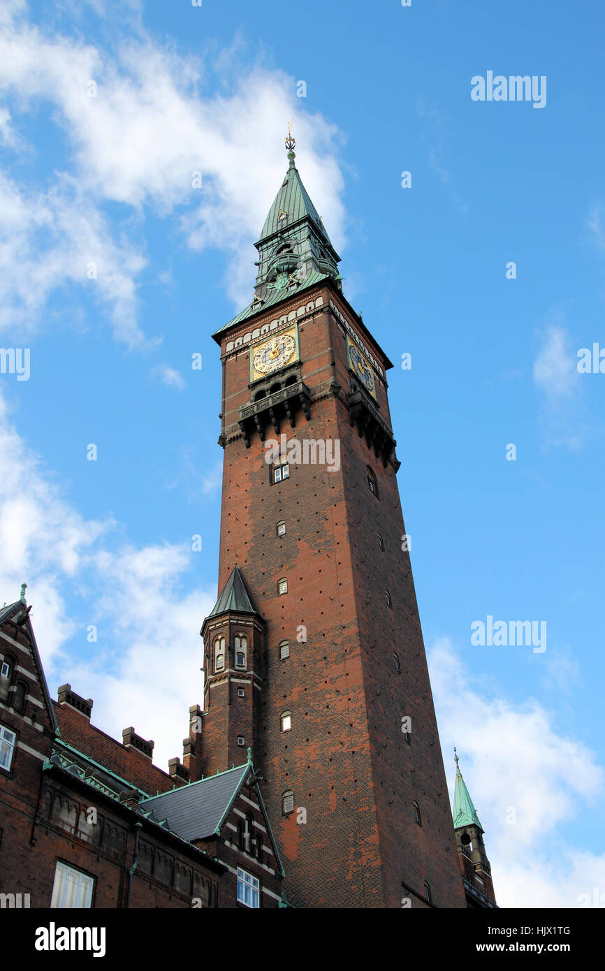 tower, historical, clock, denmark, town hall, copenhagen, brick, tower ...