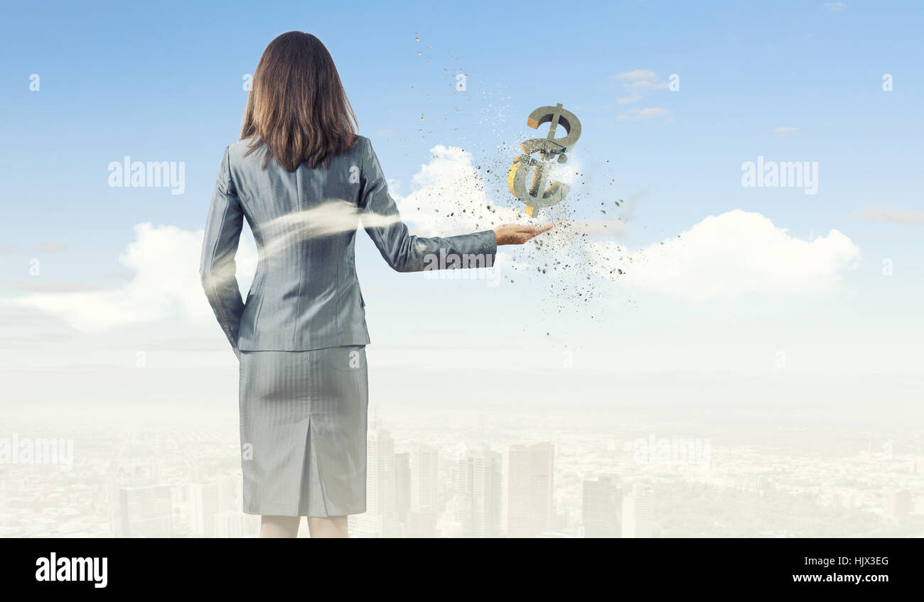Back view of businesswoman holding money symbol in palm Stock Photo - Alamy