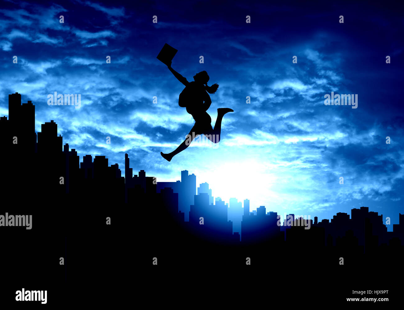 Silhouette of businesswoman jumping above city against sunset ...