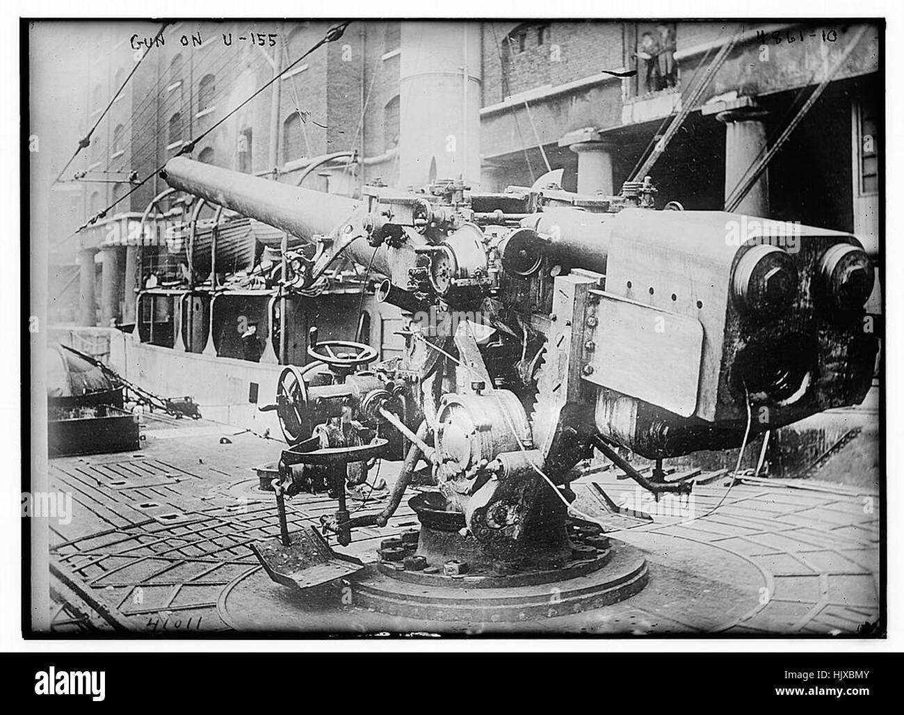 A historic photograph of the gun mounted on the German submarine U-155 ...
