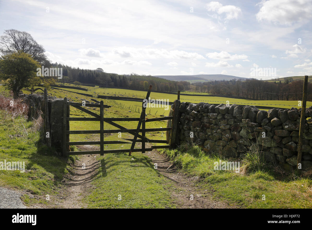 Broken 5 barred gate and dry stone wall in the Yorkshire Dales Stock ...
