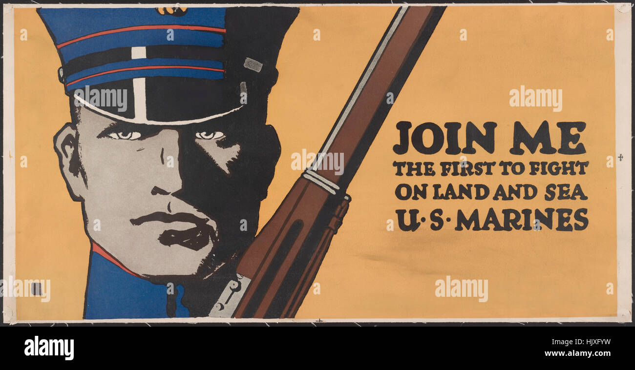 Close-Up Portrait of Marine with Rifle, "Join Me, the First to Fight on ...