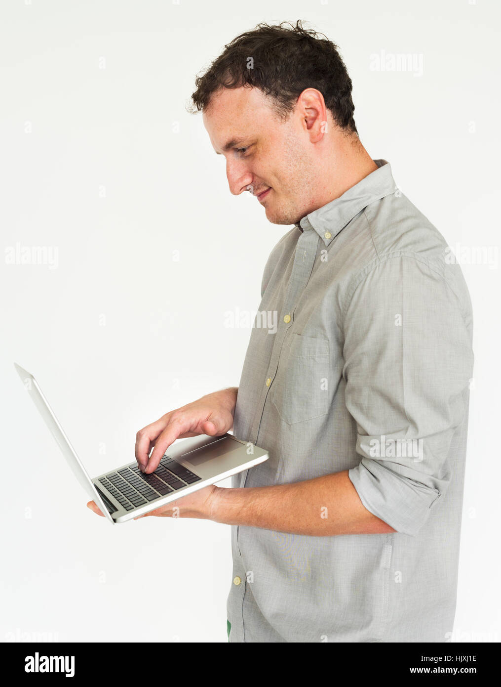 Male Holds Laptop Technology Concept Stock Photo - Alamy