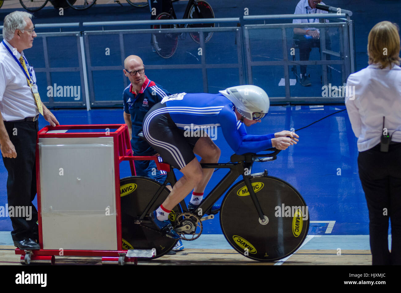 Jason Kenny prepares to start his time trial at the national indoor ...
