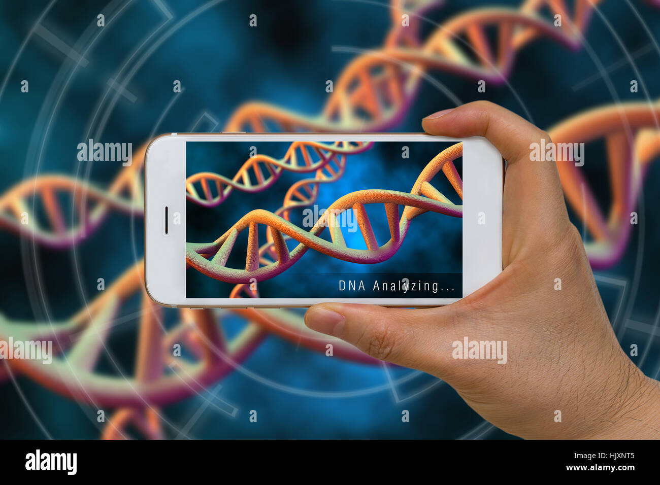 Concept of smartphone analyzing DNA, chromosome, gene, using augmented ...