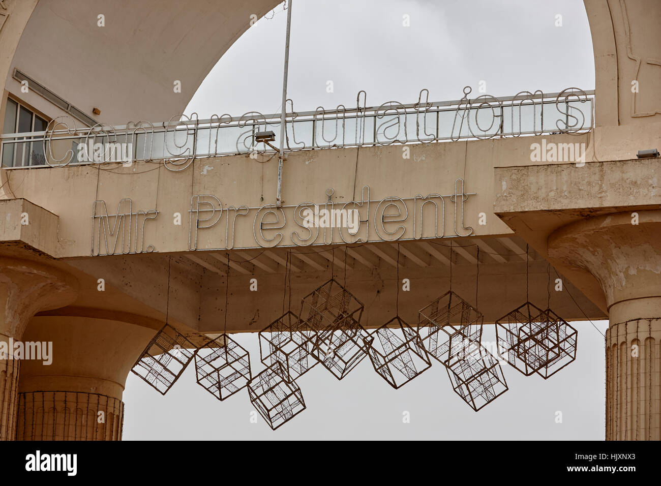 Arch 22 with “Congratulations Mr. President” sign, Banjul, Gambia Stock ...